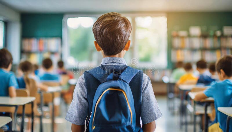 Back View Young Pupil Boy with Backpack in Class Room, Education ...