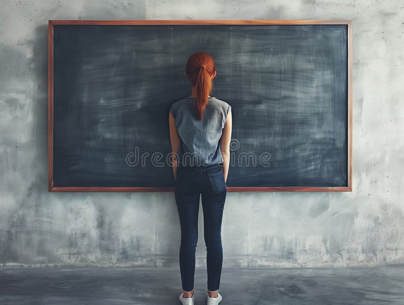 Back View of Young School Teacher Standing in Front of Chalkboard. by ...