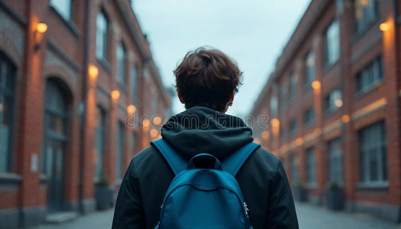 Back View of a Young Student Walking through a Campus Corridor Stock ...
