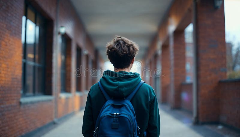 Back View of a Young Student Walking through a Campus Corridor Stock ...