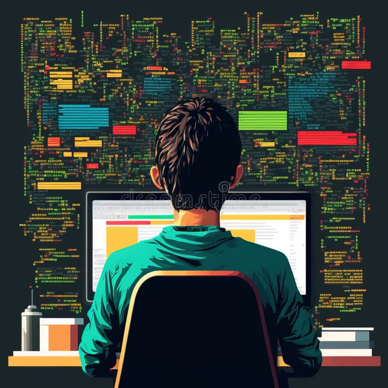 Back View of Young Student Working on the Computer. Generative AI Stock ...