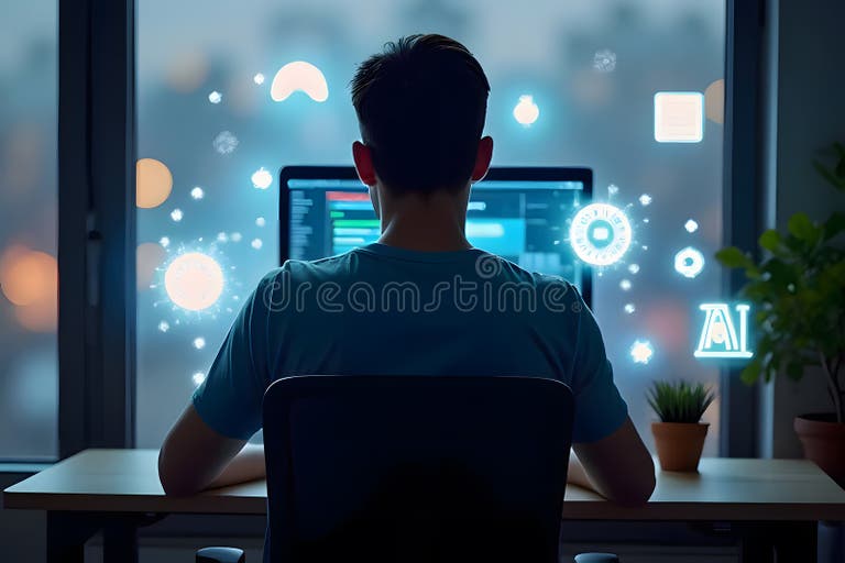 A Back View of a Young Wearing Headphones and Using a Desktop Computer and a Digital Tablet ...