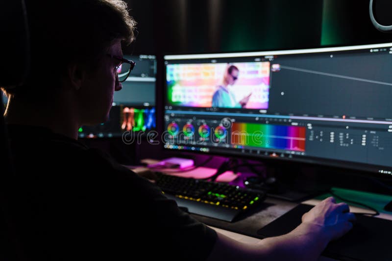 Back View of a Young White Man Video Editor Stock Image - Image of ...