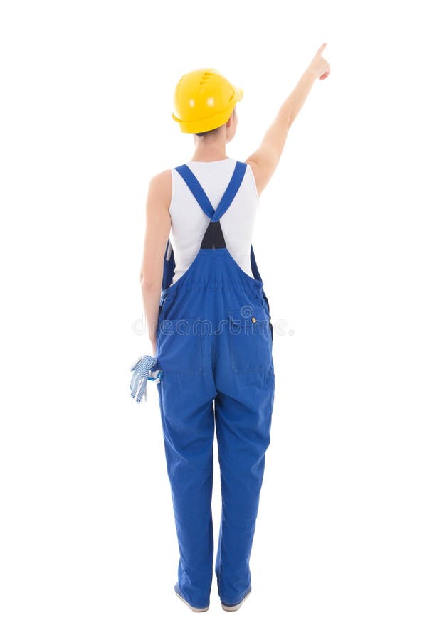 Back View of Young Woman Builder Pointing at Something Isolated Stock ...