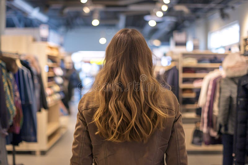 Back View of Young Woman in Clothing Store Stock Illustration ...