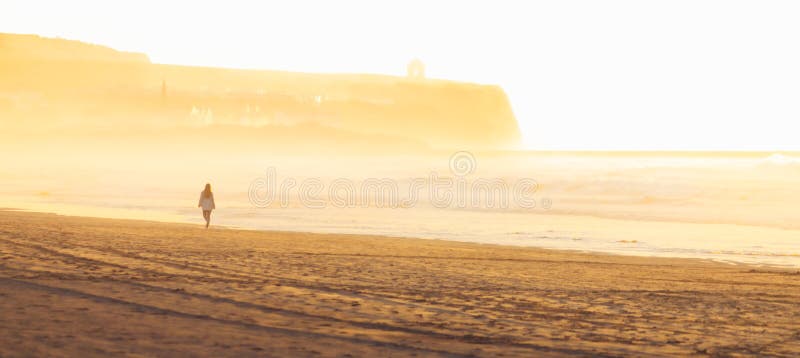 Back View Young Woman Enjoy Walking Alone in the Beach Alone on Sunset ...