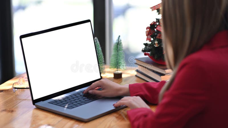 Back View of Woman Entrepreneur Working with Laptop Computer. Stock ...