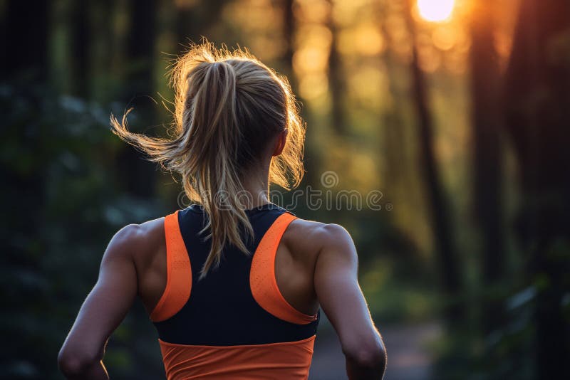 Back View of Young Woman Jogging in Dark Forest at Dawn Stock ...