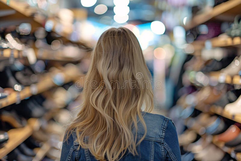 Back View of Young Blond Woman in Shoe Store Stock Illustration ...