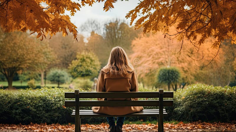 Back View of a Young Woman Sitting on a Bench in the Park at Autumn ...