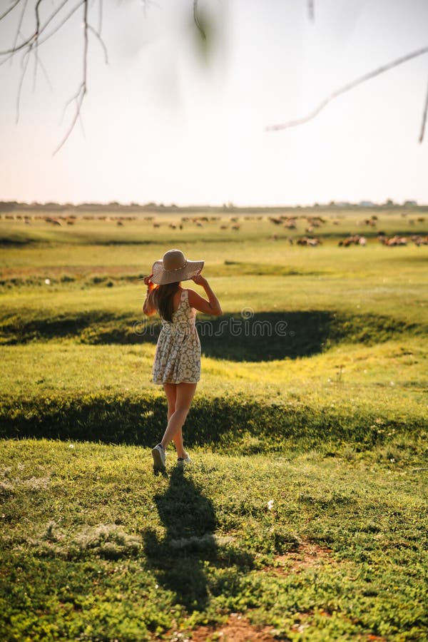 Back View of a Young Woman Standing in the Meadows Stock Image - Image ...