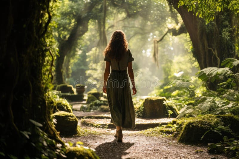 Back View of Young Woman Standing on Path in Forest between the Woods ...