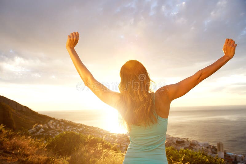 Back of Woman with Arms Outstretched during Sunset Stock Image - Image ...