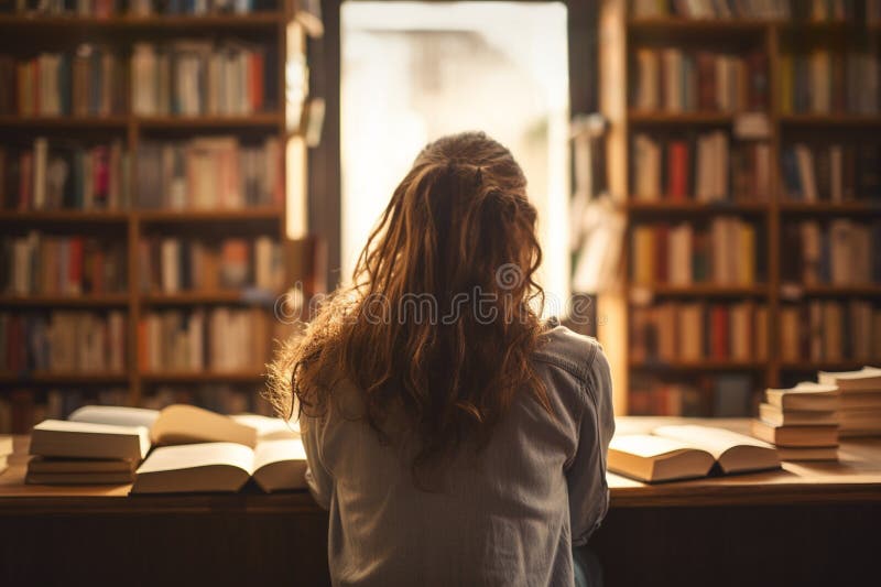 The Back of Women Reading in Library, Student Study Concept, Generative ...