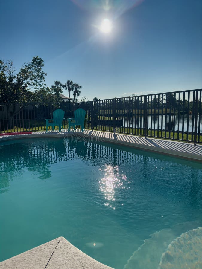 Back Yard with Pool and Garden Blue Skies Stock Image - Image of ...