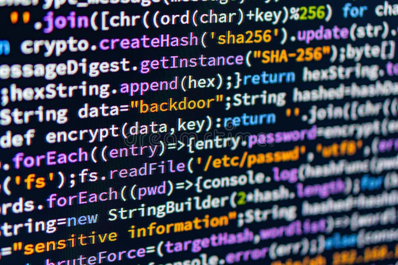Backdoor. Image Shows a Close-up of Coded Text CC, with Keywords Like String, Cryptography ...