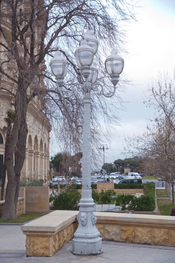 The Backdrop is Bush that Little Light. Magic Street Lamp Close-up with ...