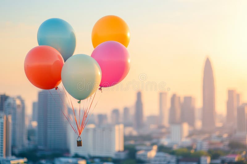 Backdrop of a City Skyline with Floaty Rainbow Balloons Stock Image ...