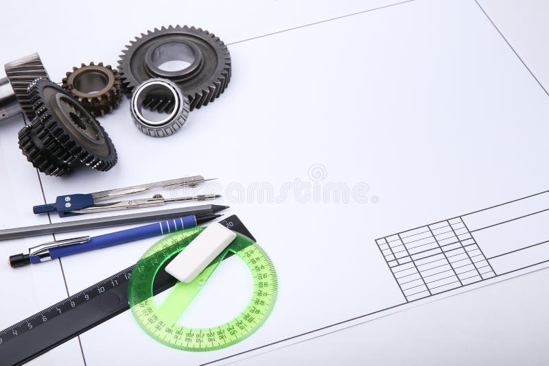 Backdrop with Drafting Accessories, Drafting Paper and Metal Gears ...