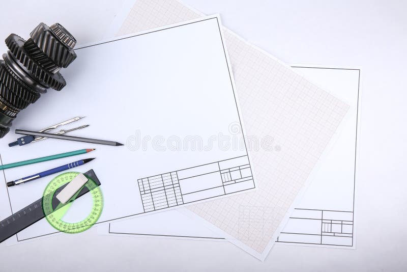 Backdrop with Drafting Accessories, Drafting Paper and Metal Gears ...
