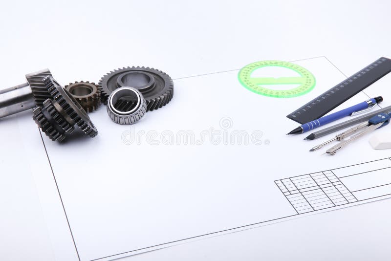 Backdrop with Drafting Accessories, Drafting Paper and Metal Gears with ...