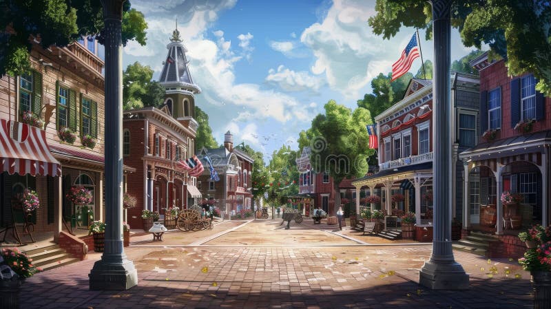 Backdrop Featuring a Historic Town Square Bustling with July 4th ...