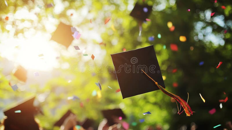 A Backdrop of a Forest with Graduation Caps and Confetti in Celebration ...