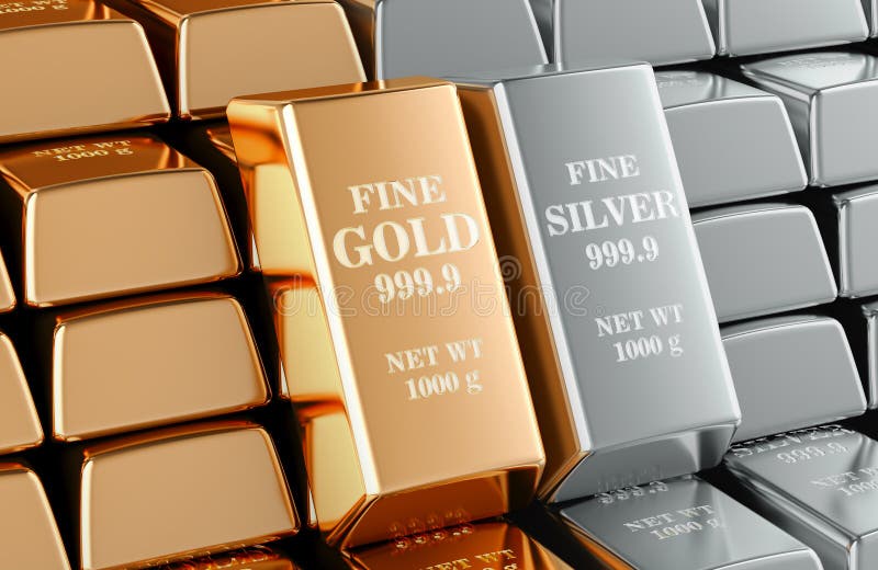 Backdrop from Gold and Silver Ingots, 3D Rendering Stock Illustration ...