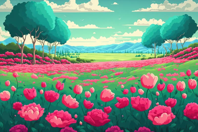 A Backdrop of Natural Beauty Featuring a Springtime Rose Flower Field ...