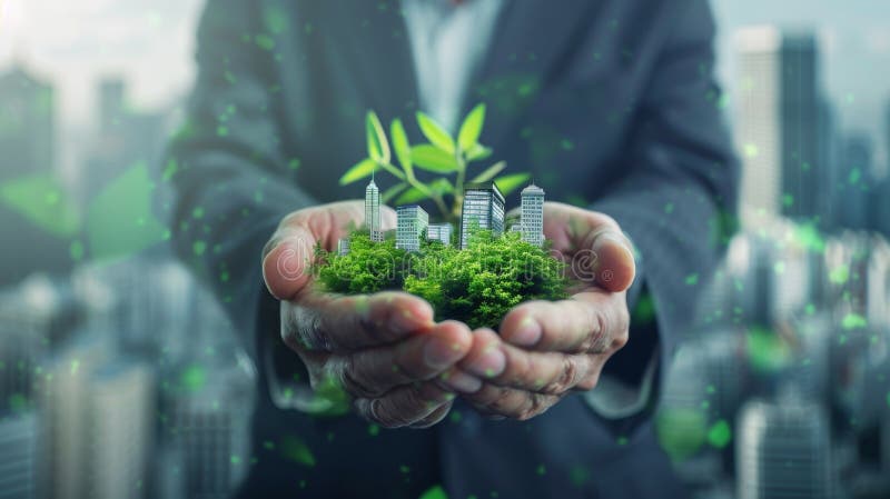 With the Backdrop of Office Buildings, a Businessman Presents a Concept ...