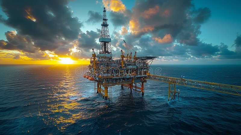 Backdrop of Sunset Frames Offshore Oil Rigs, Depicting Advancements in ...