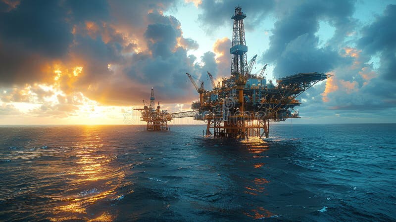 Backdrop of Sunset Frames Offshore Oil Rigs, Depicting Advancements in ...