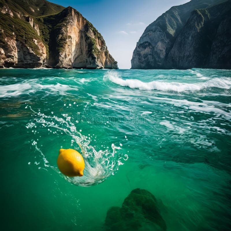 Splash Water Lemon Splashing in a Sea of Emerald Water with Towering ...
