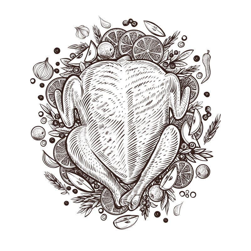 Cooked Chicken with Stuffing, Decorated with Vegetables. Hand Drawn ...