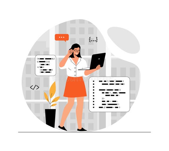 Backend Development Coding and Programming Software. Woman Working with Program Code, Fixing ...