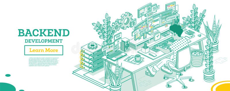 Backend Development On Computer Working Programmer Sit On Chair With Wheels In Front Of Curved