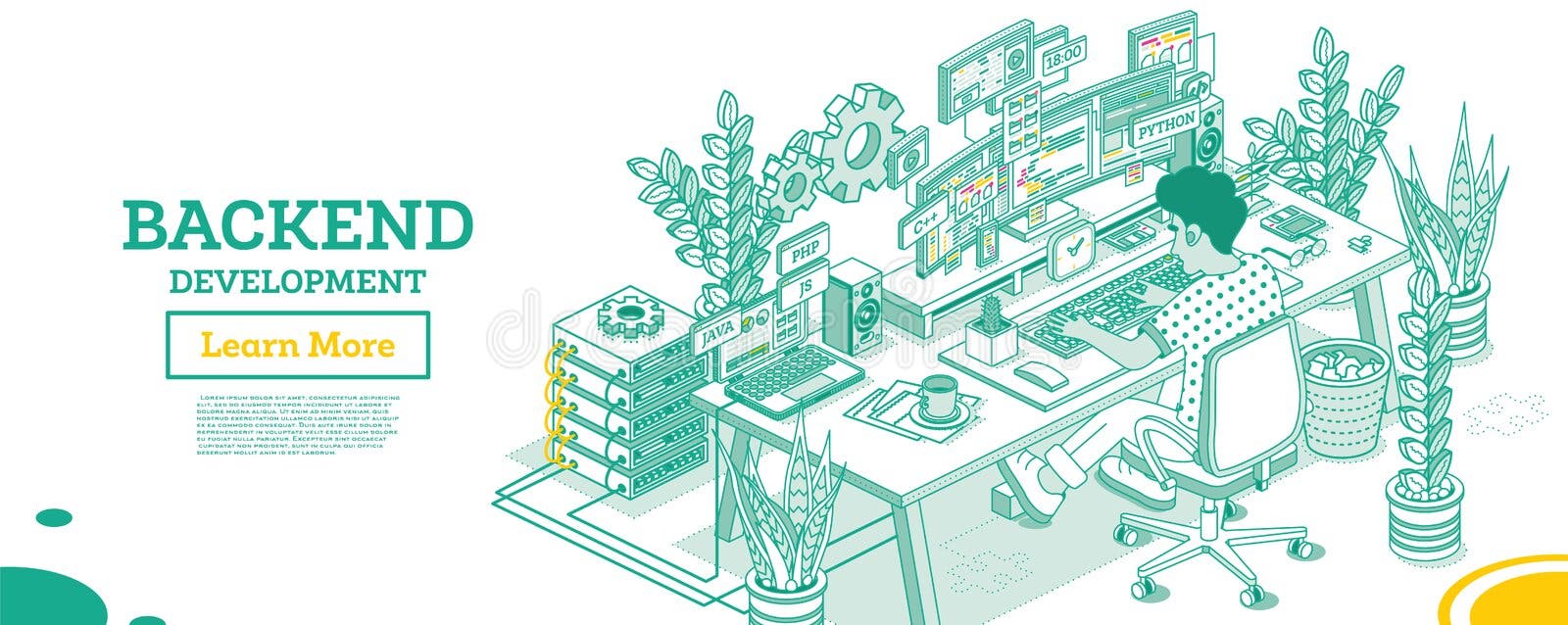 Backend Development On Computer Working Programmer Sit On Chair With Wheels In Front Of Curved