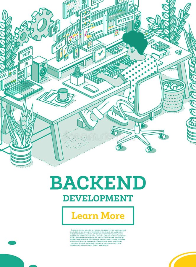 Backend Development On Computer Working Programmer Sit On Chair With Wheels In Front Of Curved