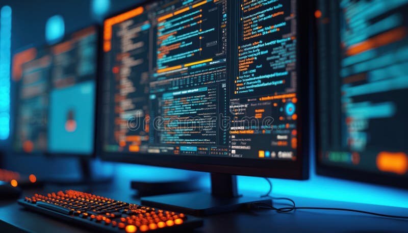 Backend System of Customer Service Chatbot on Monitor. Intricate Coding ...