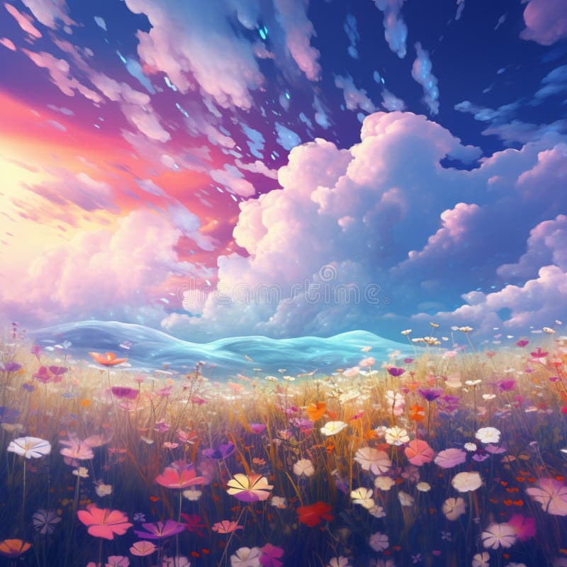 Colourful Dreamy Like Heaven Sky with Flowers, AIGENERATED Stock ...