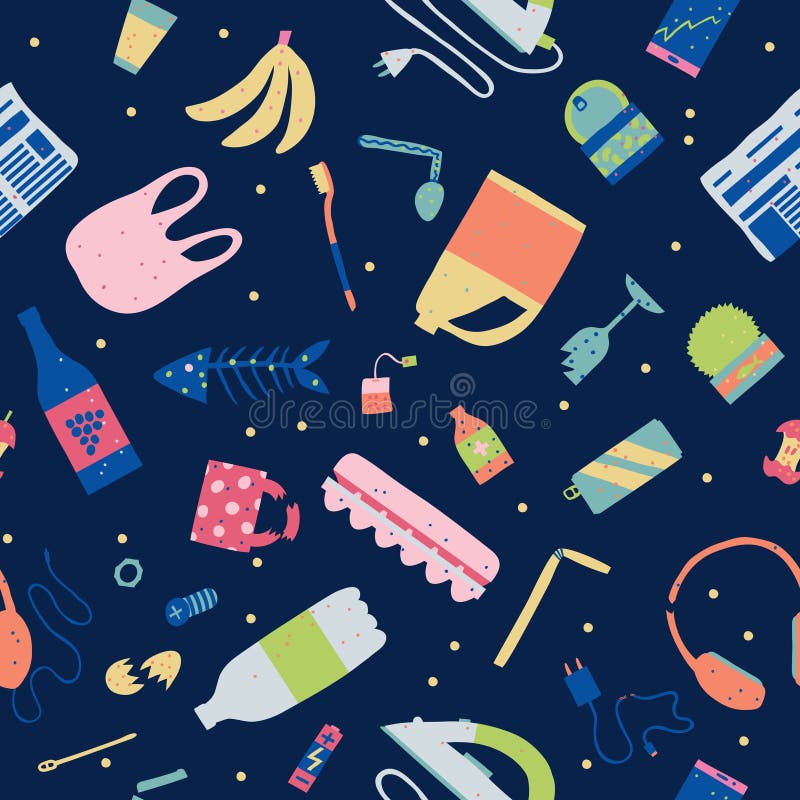 Seamless Pattern with Unsorted Waste on Dark Background. Environmental ...