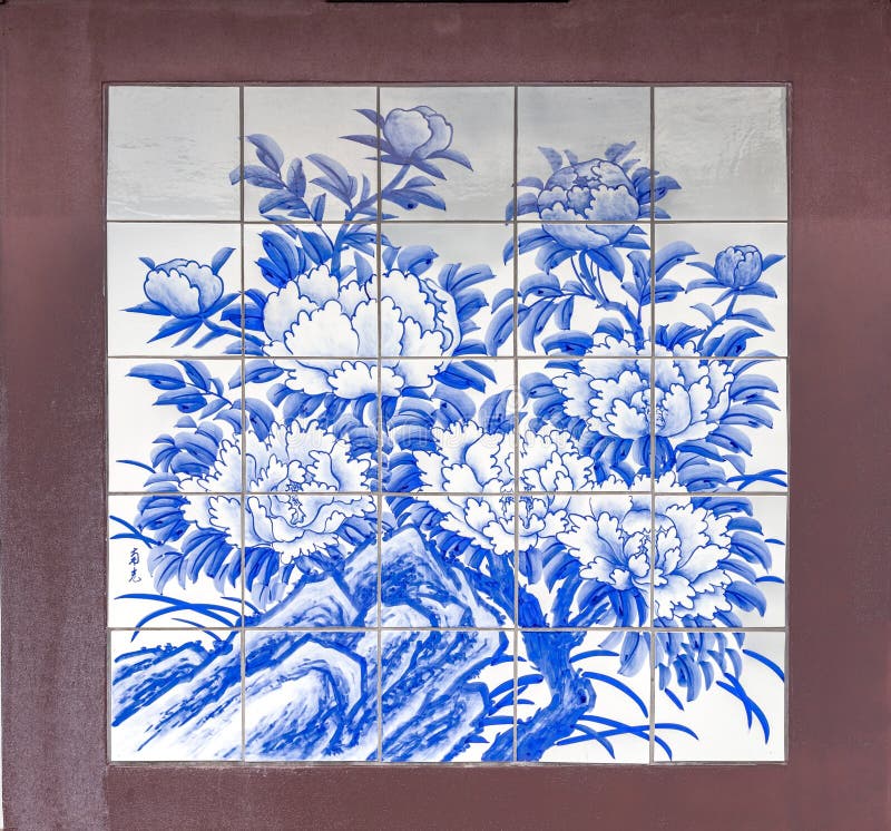 Wooden Framed Square Traditional Tobeyaki Gray Ceramic Tile with Indigo ...