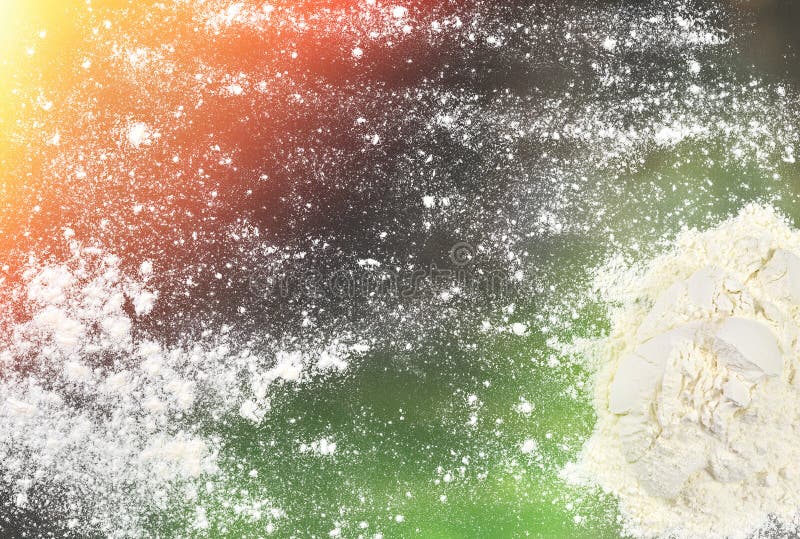 Background of an Abstract Black Table Sprinkled with Flour, Illuminated ...