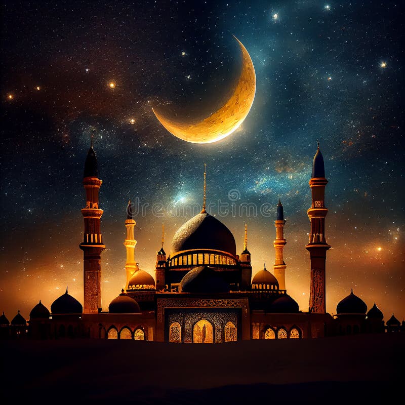 Background with Arabic Mosque and Arabic Moon on the Starry Sky ...