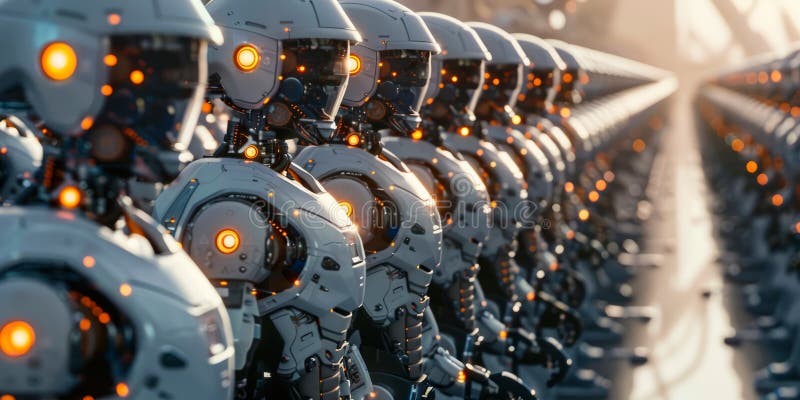 Background with an Army of Advanced Robots, Technologies, Representing ...