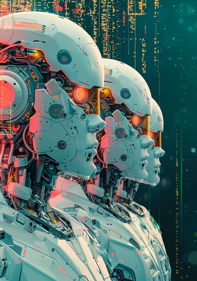 Background with an Army of Advanced Robots, Technologies, Representing ...