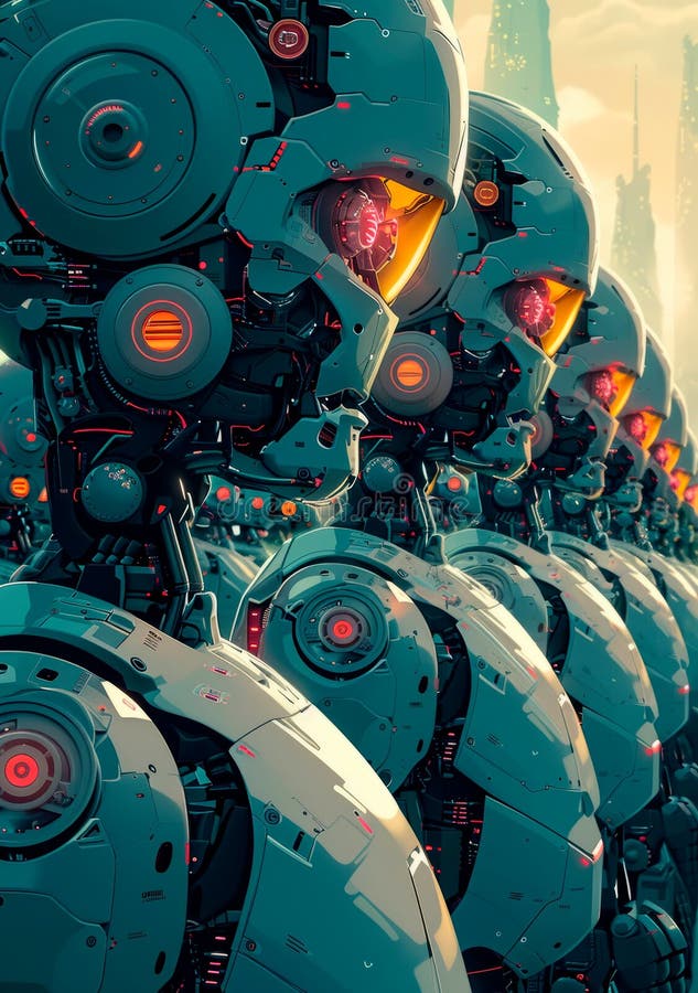 Background with an Army of Advanced Robots, Technologies, Representing ...