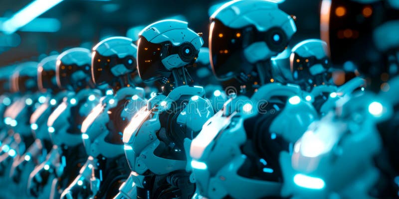 Background with an Army of Advanced Robots, Technologies, Representing ...