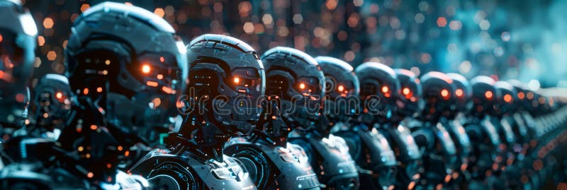 Army of Robots Standing in a Row, Artificial Intelligence Concept Stock Image - Image of control ...