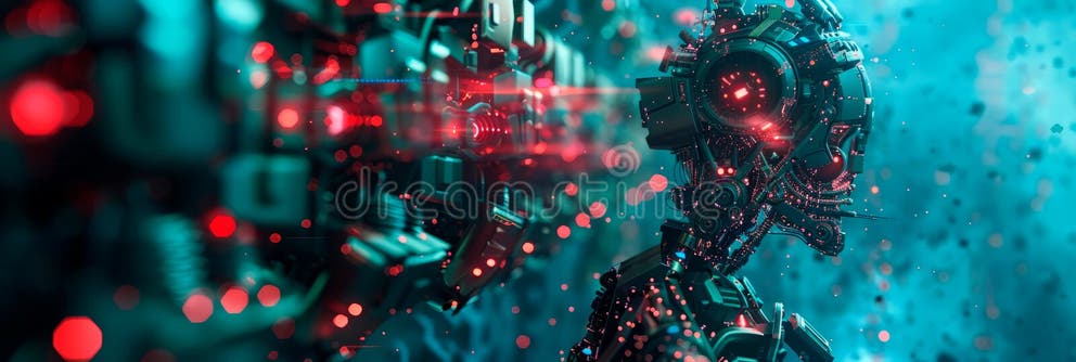 Background with an Army of Advanced Robots, Technologies, Representing ...